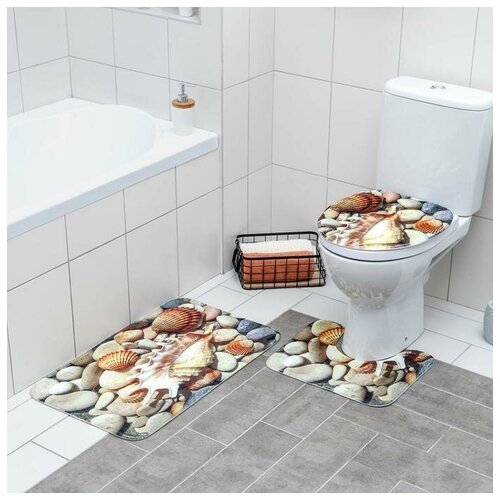 Набор ковриков для ванной и туалета Доляна «Ракушки», 3 шт, 37×45, 37×45, 45×75 см