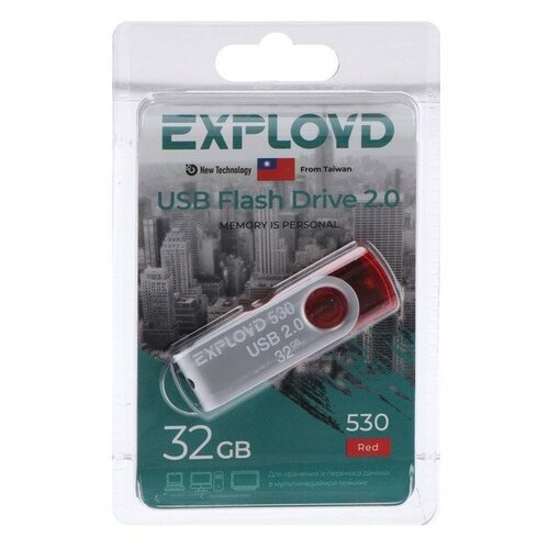 Флешка Exployd 530, 32 Гб, USB2.0, чт до 15 Мб/с, зап до 8 Мб/с, красная