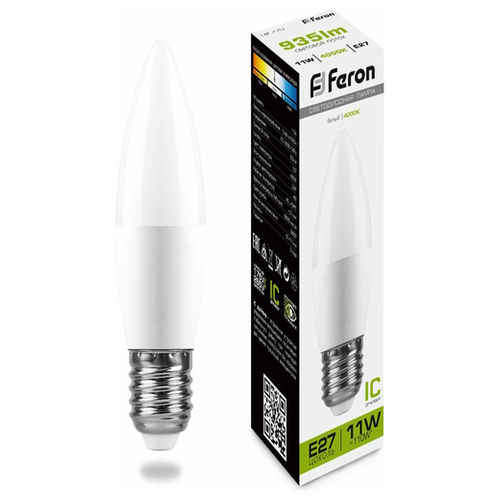 Лампа светодиодная LED 11вт Е27 белый матовая свеча | код 25944 | FERON (7шт. в упак.)