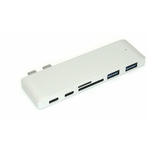 Адаптер сдвоенный Type C на USB 3.0 2 разъёма и разъёма зарядки Type C + кардридер SD, TF для MacBook серебристый