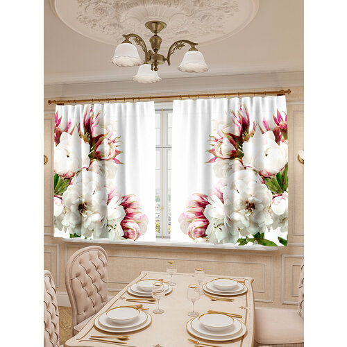 Фотошторы для кухни LeJoy Home из габардина "Белые, розовые цветы на белом фоне" 180х290 см. (2 шт. 145х180 см (каждая).