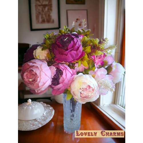 Пионы большой букет, 2 куста, 26 веток, искусственные цветы для декора интерьера, 55 см, фиолетово-сиреневый микс