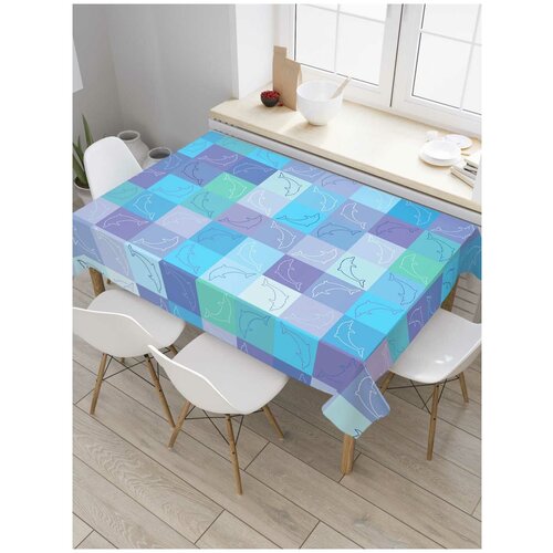 Скатерть прямоугольная JoyArty на кухонный стол "Квадраты с дельфинами" из оксфорда, 180x145 см