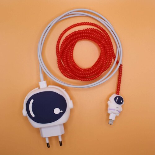 Комплект с обмоткой-спиралью для кабеля и защитный чехол для зарядки / защита кабеля от излома / Белый Космонавт (красный)