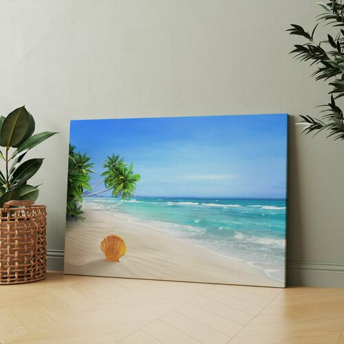 Картина на холсте "Ракушка на песчаном пляже у океана" 30x40 см. Интерьерная, на стену.