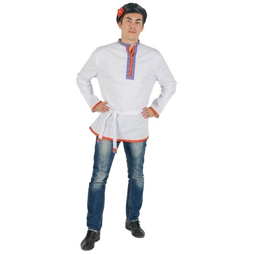 Косоворотка мужская белая русская народная славянская рубаха карнавальная рубашка из хлопка, размер S (44/46)