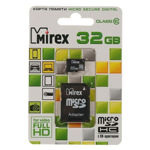 Карта памяти Mirex microSD, 32 Гб, SDHC, класс 10, с адаптером SD