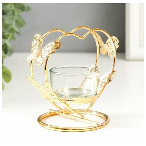 Подсвечник металл, стекло на 1 свечу Сердце с бабочками d-4 см золото 7,5х10х10 см