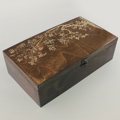 Коробка для чайных пакетиков из дерева, чайница большая, 4 отделения с узором пейзаж листья - 1038