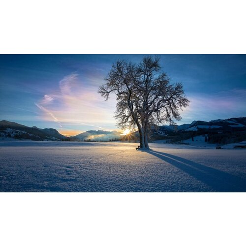 Картина на холсте 60x110 LinxOne "Зима закат небо снег" интерьерная для дома / на стену / на кухню / с подрамником