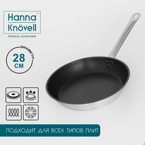 Hanna Knövell Сковорода из нержавеющей стали Hanna Knövell, d=28 см, h=5,5, толщина стенки 0,6 мм, длина ручки 25 см, антипригарное покрытие, индукция