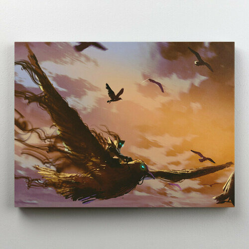 Интерьерная картина на холсте "Волшебные люди летят верхом на огромных голубях" размер 40x30 см