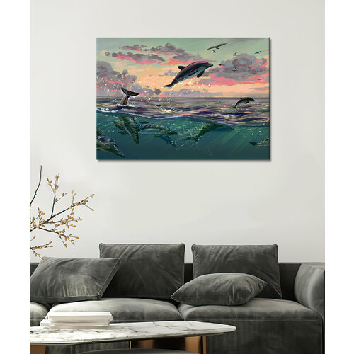 Картина - дельфин, дельфины арт, прыгающие дельфины, дельфины в море, закат (32) 60х80