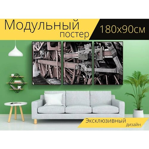 Модульный постер "Паровой замок, ведущие колеса, замок для быстрого перемещения" 180 x 90 см. для интерьера