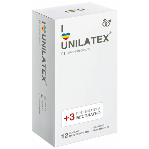 Презервативы разноцветные ароматизированные, Unilatex Multifruit, 12 шт + 3 шт в подарок
