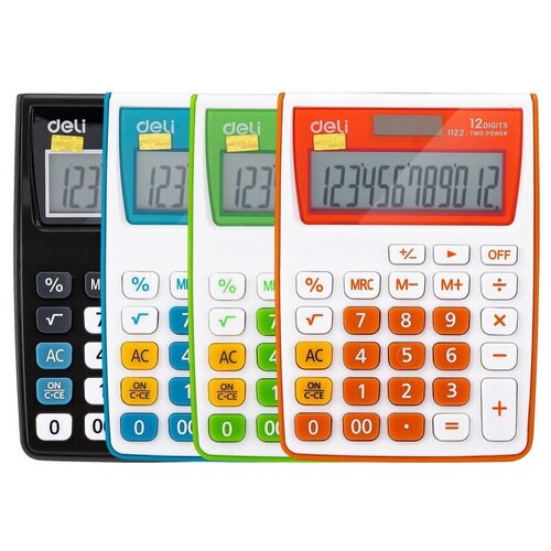 Калькулятор карманный Deli 12-разр, LCD-дисплей, двойное питание, ассорти