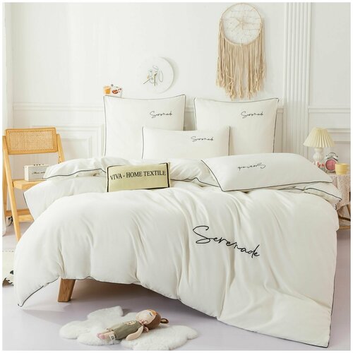 1,5 спальный Комплект постельного белья Однотонный Сатин Вышивка CH037