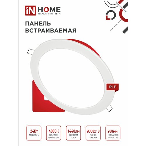 Светодиодная панель IN HOME RLP-eco, 4000К, 1440Лм, LED, 24 Вт, 4000, нейтральный белый, цвет арматуры: белый, цвет плафона: белый