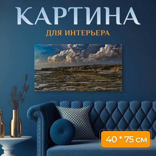 Картина на холсте "Скалистый берег, море, небо" на подрамнике 75х40 см. для интерьера