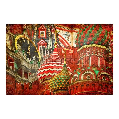 Постер на холсте Архитектурный коллаж с элементами зданий Красной Площади и Кремля в Москве 45см. x 30см.
