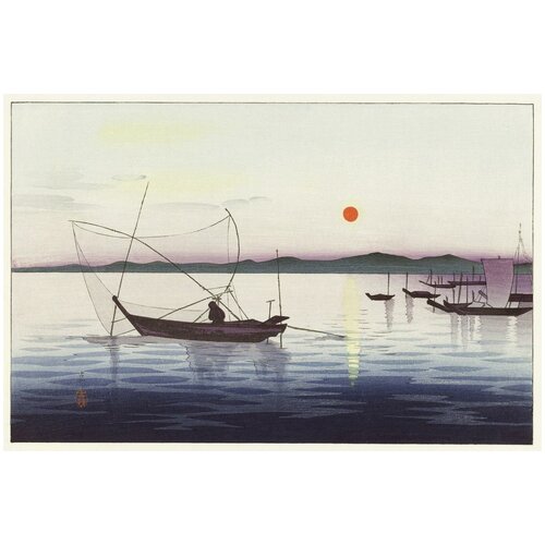 Постер / Плакат / Картина Лодки и заходящее солнце - Охара Косон 40х50 см в раме