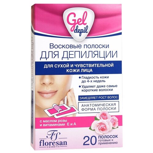 Floresan Восковые полоски Gel-depil для депиляции чувствительной кожи лица с маслом розы и витамином Е и А 40 мл 40 г 20 шт.
