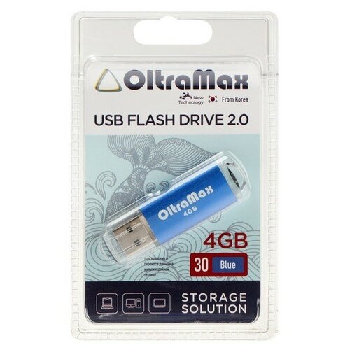 OltraMax Флешка OltraMax 30, 4 Гб, USB2.0, чт до 15 Мб/с, зап до 8 Мб/с, синяя