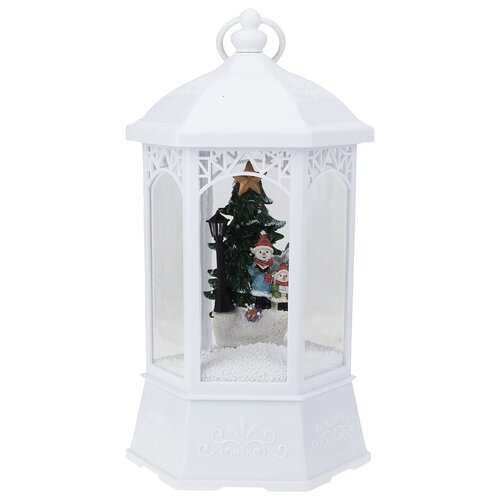 "Новогодний" фонарь- "Семья снеговиков у ёлки", с падающим снегом внутри, музыкальный, 2 режима, USB, 3*АА, 20*35 см