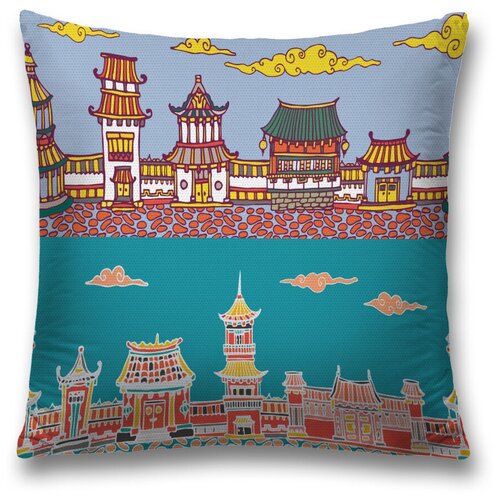 Наволочка декоративная на молнии, чехол на подушку JoyArty "Китайские улочки днем и ночью" 45х45 см