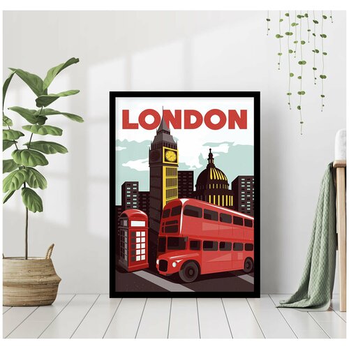 Постер В рамке "Лондон. Двухъярусный автобус" 40 на 50 (черная рама) / Картина для интерьера / Плакат / Постер на стену / Интерьерные картины