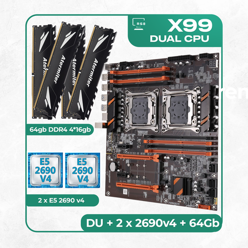 Комплект материнской платы X99: ZX-DU99D4 + 2 x Xeon E5 2690v4 + DDR4 64Гб Atermiter 2666Mhz 4х16Гб
