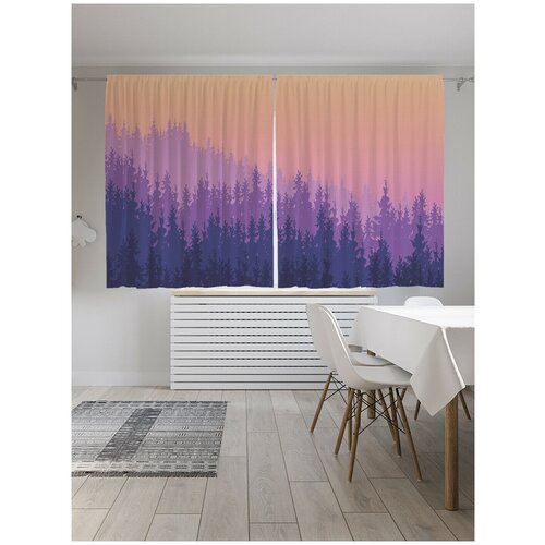 Фотошторы для кухни и спальни JoyArty "Еловый лес в тумане", 2 полотна со шторной лентой шириной по 145 см, высота 180 см