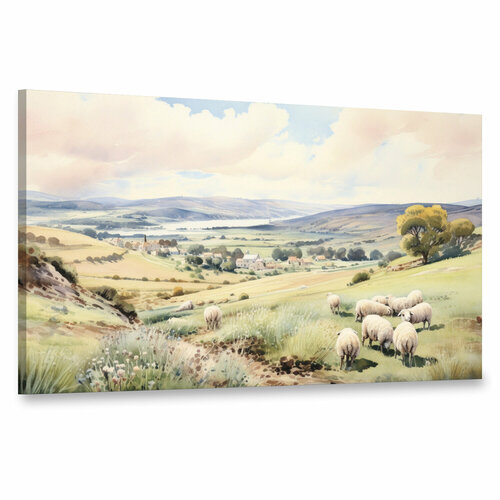 Интерьерная картина 100х60 "Пейзаж с пасторальными холмами и стадом овец"