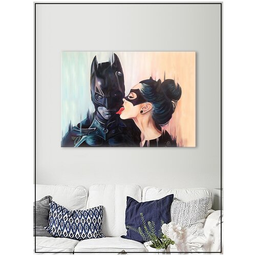 Картина для интерьера на натуральном хлопковом холсте "Бэтмен и Женщина-кошка", 55*77см, холст на подрамнике, картина в подарок для дома