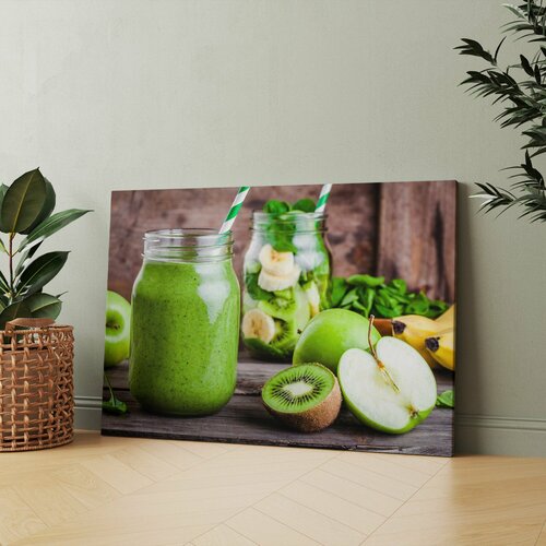 Картина на холсте "Зеленый смузи с киви и бананами" 50x70 см. Интерьерная, на стену.