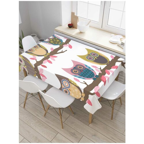 Скатерть прямоугольная JoyArty на кухонный стол "Совиный строй" из оксфорда, 120x145 см