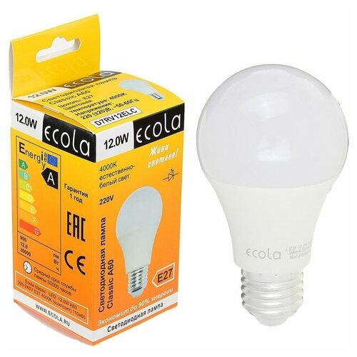 Лампа светодиодная Ecola classic, Е27, А60, 12 Вт, 4000 K, 110x60 мм./В упаковке шт: 1