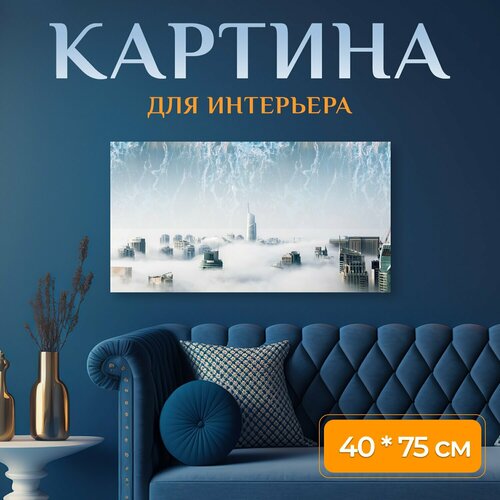 Картина на холсте "Утопия, волны, город с облаками" на подрамнике 75х40 см. для интерьера