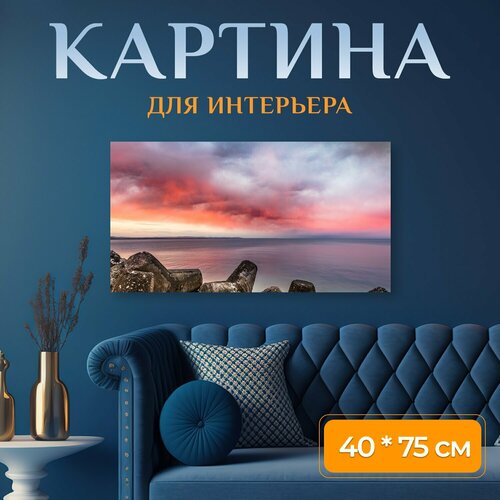 Картина на холсте "Красный закат над морем, заход солнца, море" на подрамнике 75х40 см. для интерьера