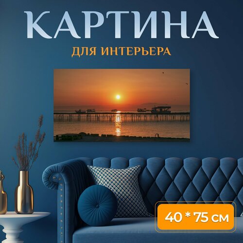 Картина на холсте "Море, восход солнца, лодки" на подрамнике 75х40 см. для интерьера