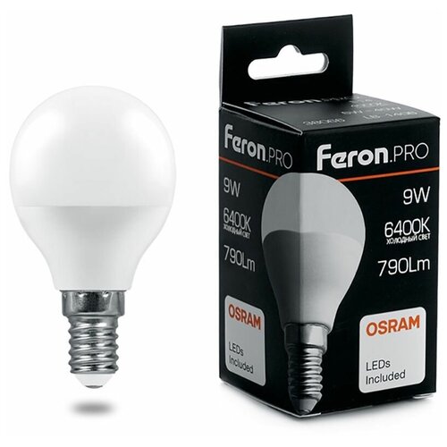 Лампа светодиодная LED 9вт Е14 дневной матовый шар Feron.PRO | код 38079 | FERON (1 шт.)