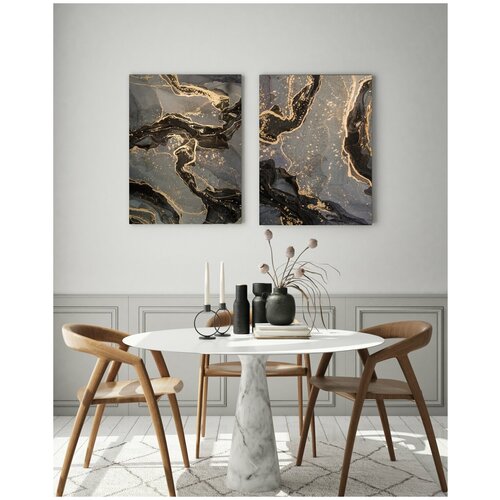 Набор из 2 интерьерных картин на холсте / 100х70 / Абстракция "Черно-золотой мрамор" / Модульная картина / в кухню / в спальню / в гостиную / на стену