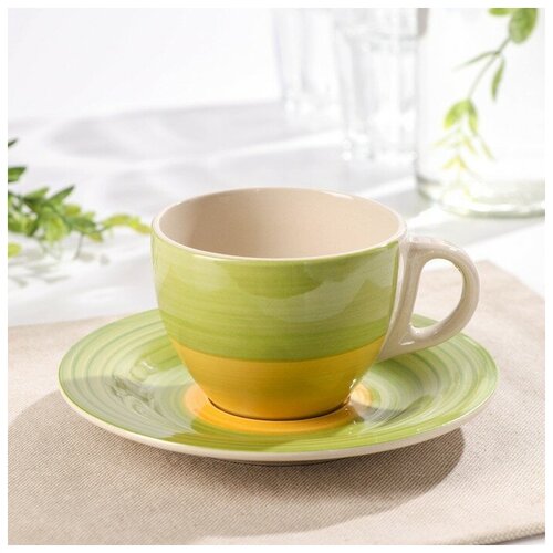 Чайная пара керамическая Доляна "Подсолнух", чашка 200 мл, блюдце d=14,5 см, цвет зелёный