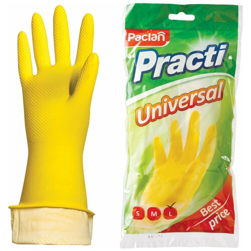 PACLAN Перчатки хозяйственные латексные, х/б напыление, размер l (большой), желтые, paclan practi universal , 10 шт.