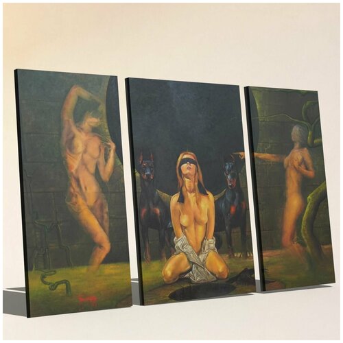 Модульная картина на Стекле - "Девушка и доберманы", размер 120х80 см