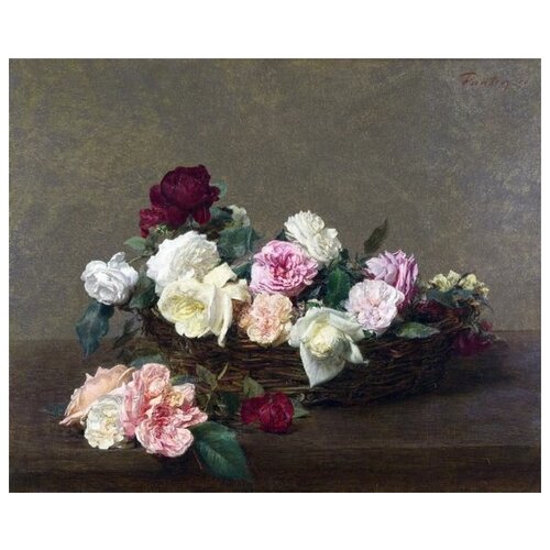 Репродукция на холсте Корзина с розами (A Basket of Roses) Фантен-Латур Анри 37см. x 30см.