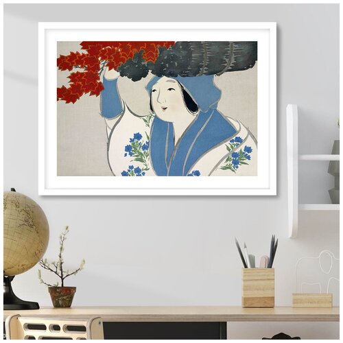 Постер В рамке "Гейша с вазой, японская иллюстрация" 40 на 50 в белой раме / Картина для интерьера / Плакат / Постер на стену / Интерьерные картины