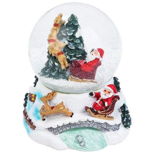 Новогодний сувенир- Стеклянный шар "Дед Мороз на санях и олени поднимаются вверх на ёлку" внутри, музыкальный LED, 3*ААА, 12*10*15 см