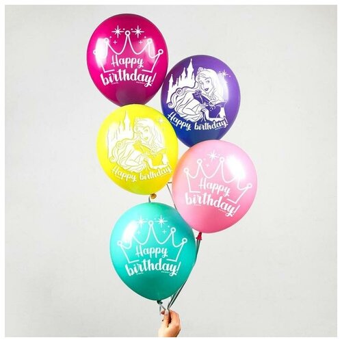 Воздушные шары "Happy Birthday" Принцессы Дисней корона(набор 5 шт)./В упаковке шт: 1