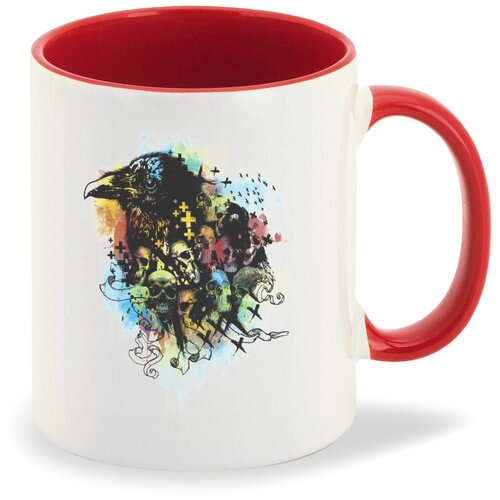 Кружка красная CoolPodarok Птицы Чёрный ворон и черепа рисунок